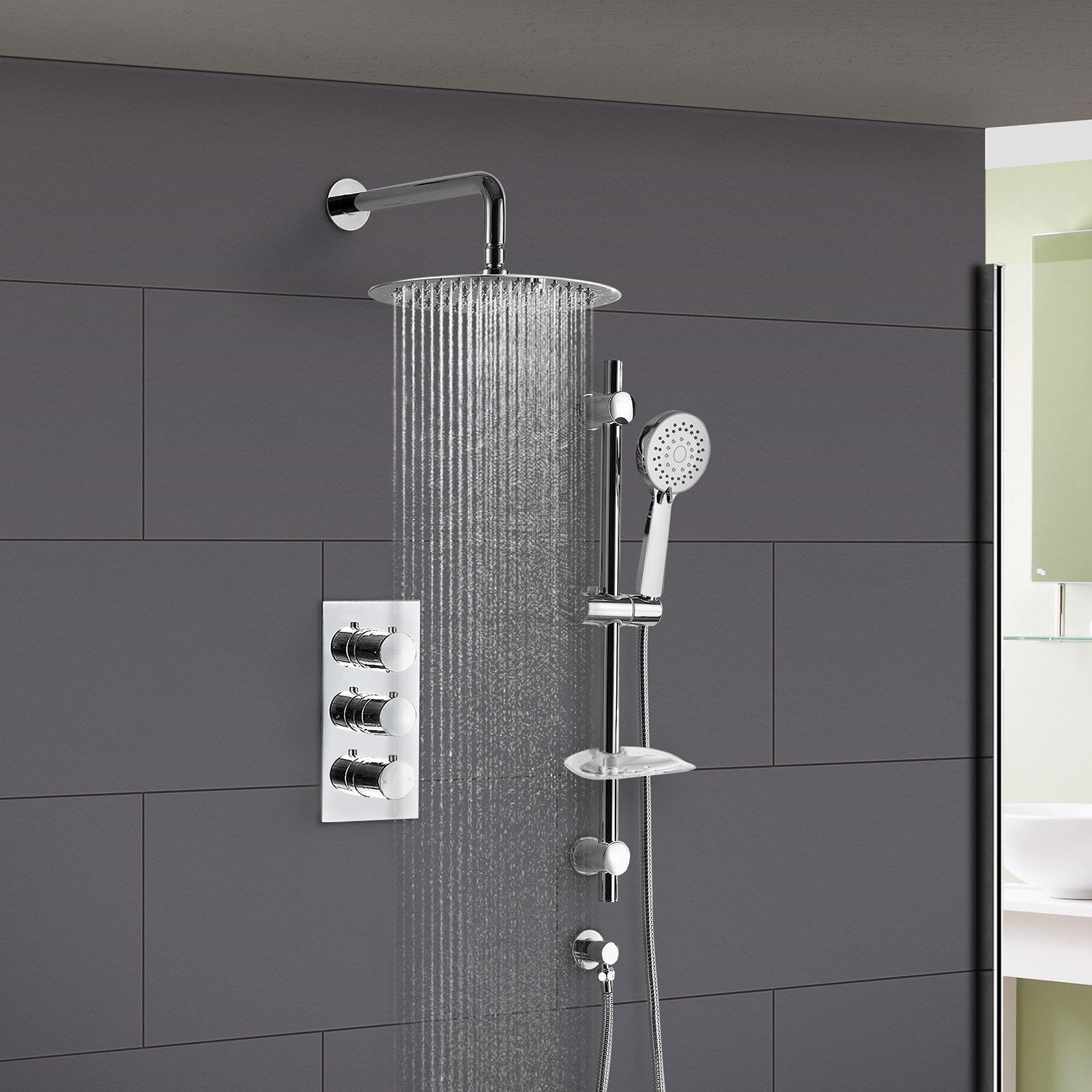 Lilly Thermostatic 2 Way Round Set - Slim Shower Head & Slider Rail Ha