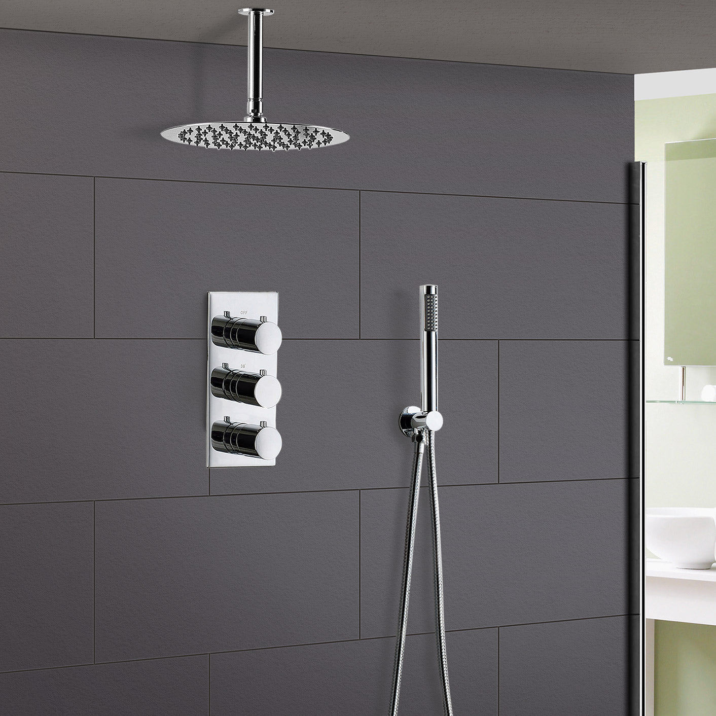 Lilly 2 Way Round Concealed Thermostatic Shower Mixer, Slim Shower Hea
