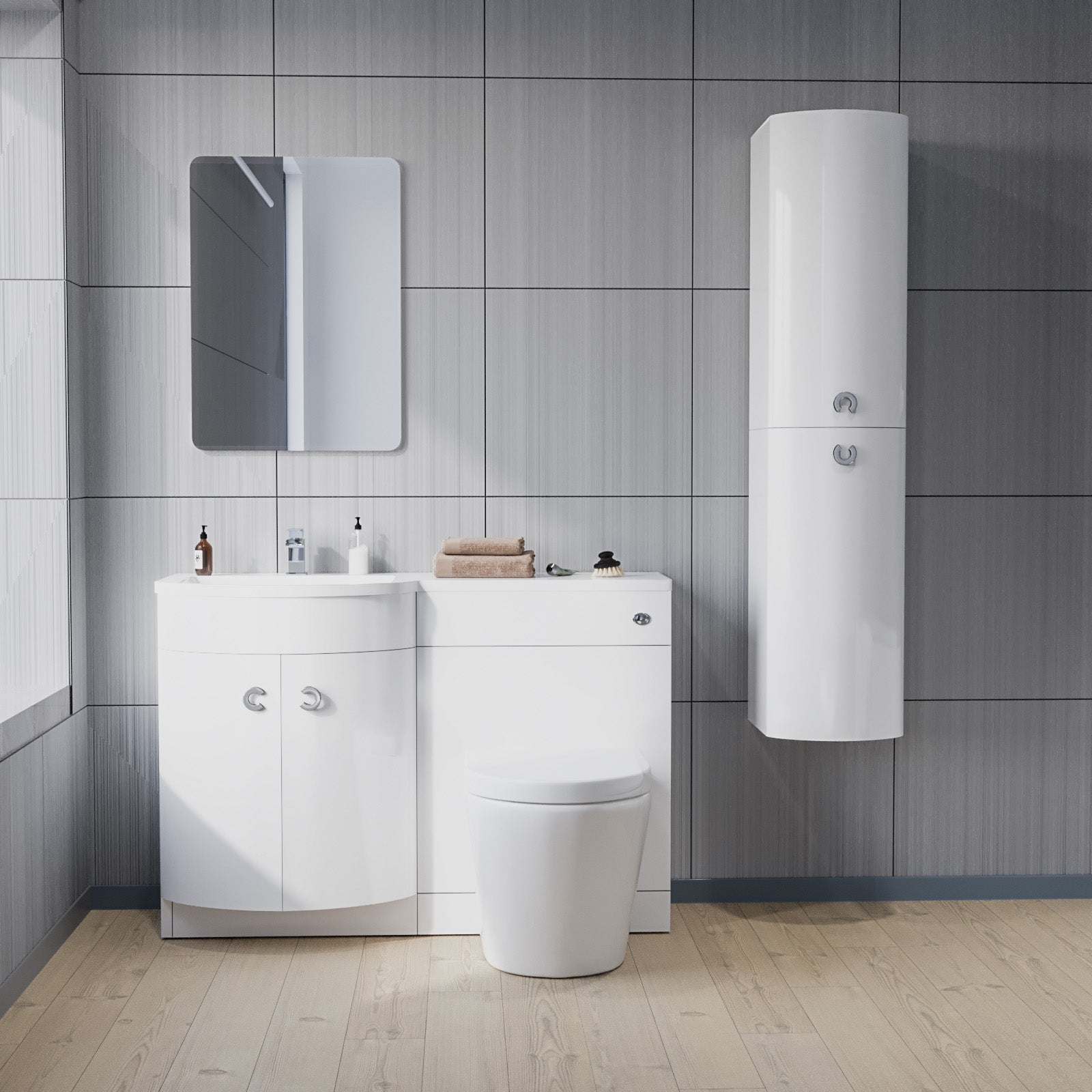 Dene 1100mm LH White Bathroom Vanity with WC, BTW Rimless Toilet & Wal