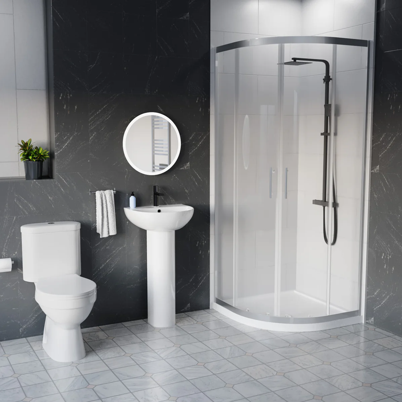 Graham Round Close Coupled Toilet, 500mm Pedestal Basin & 900mm Quadra