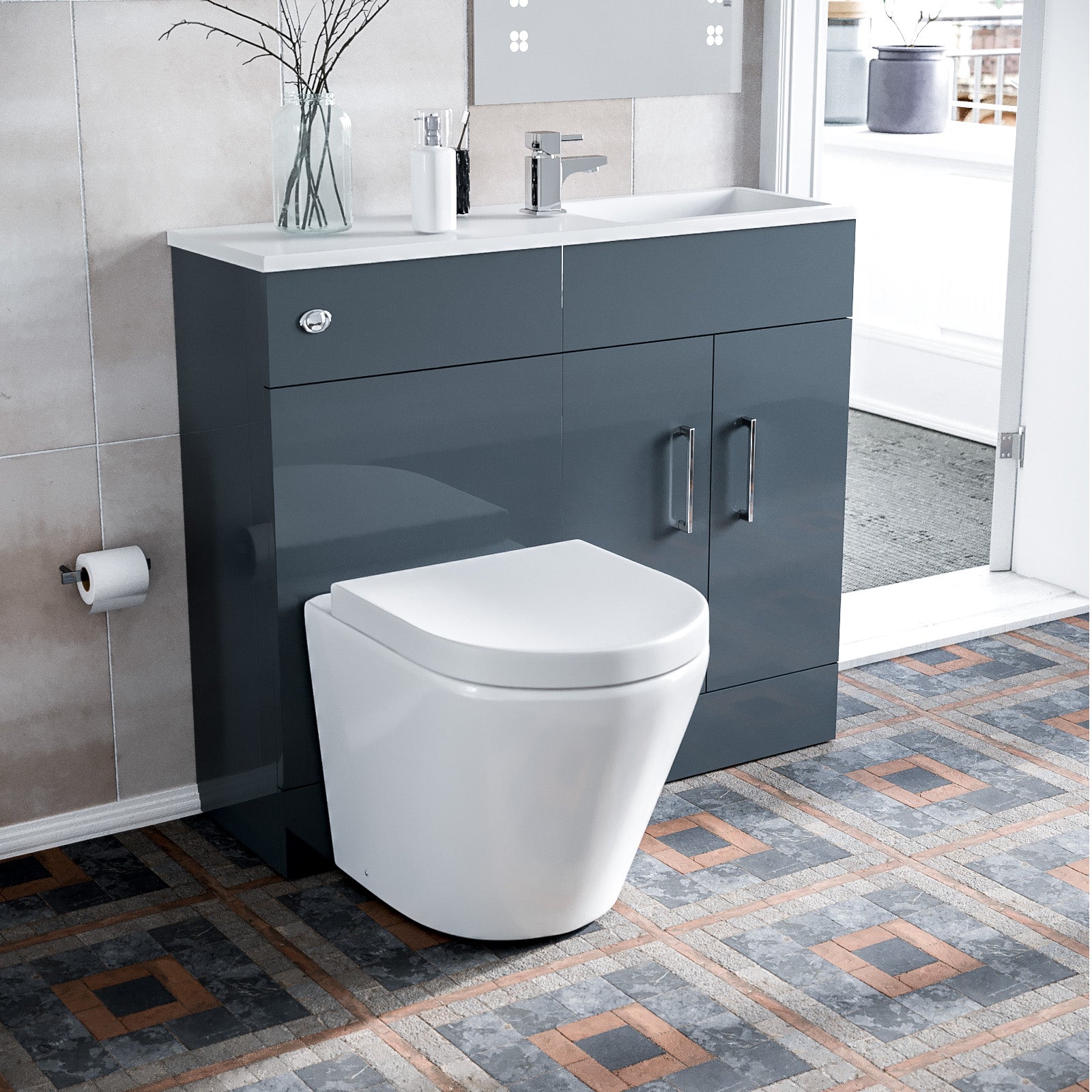 James 1000 Freestanding Grey Slimline Vanity, Basin WC Unit BTW Rimles